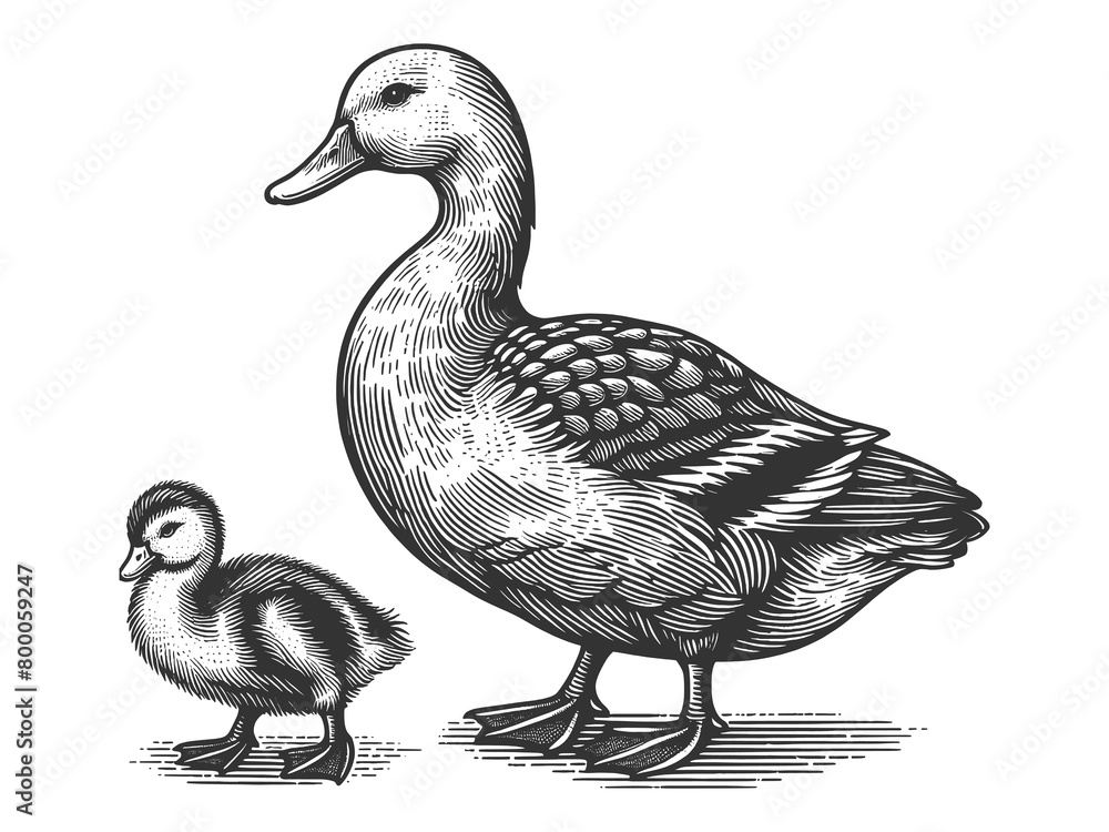 mother duck with her duckling, artfully captured in an engraved style ...