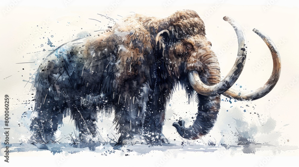 Majestic woolly mammoth in dynamic watercolor style, capturing the ...