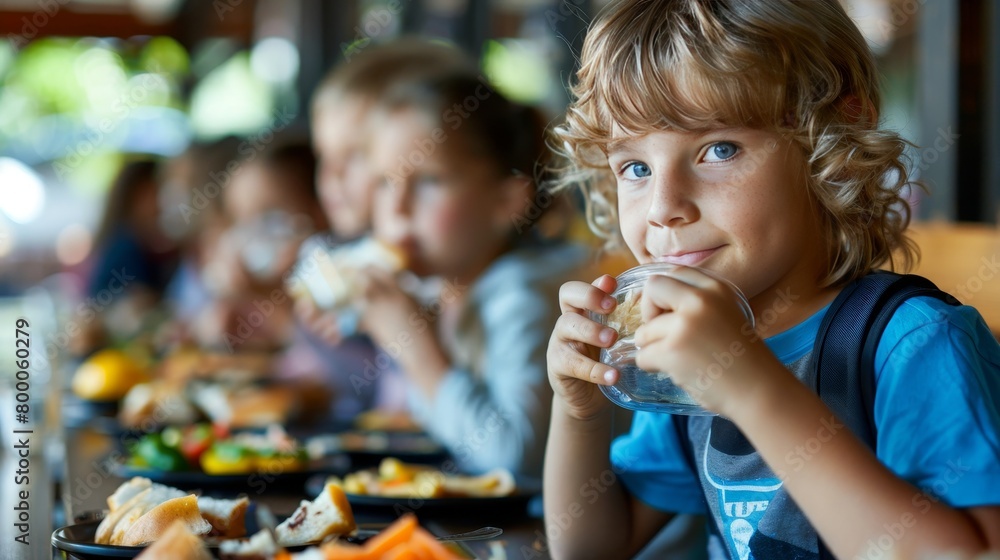 Happy students in school cafeteria enjoying nutritious fruits ...