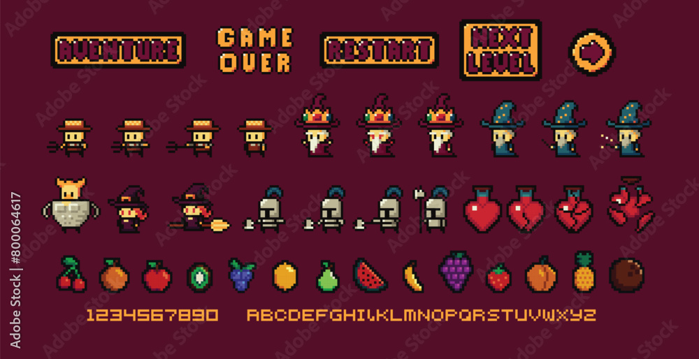 Set of minimalistic pixel art vector objects isolated. Pixel game buttons. Video nostalgic game ...