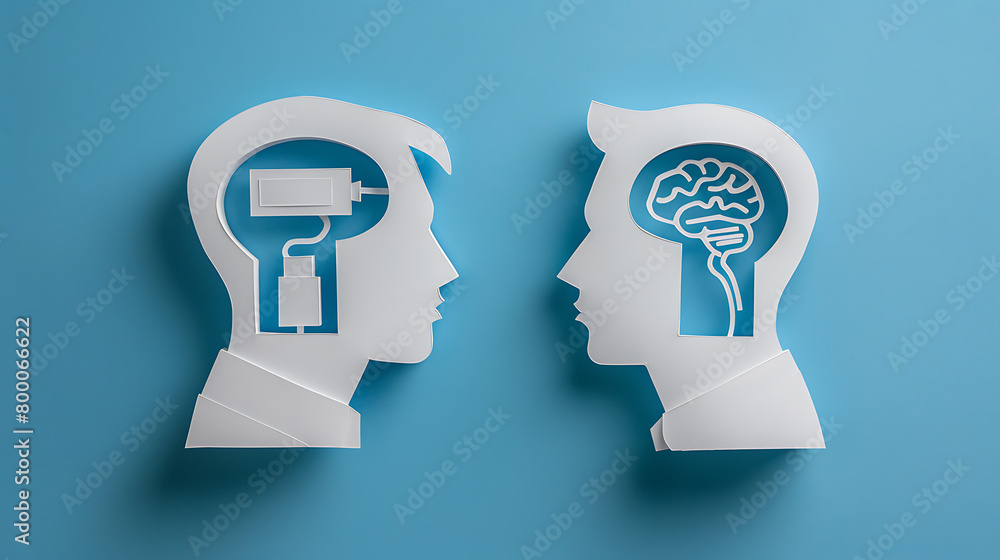 Paper cut two human heads one with a simple brain other with an ...