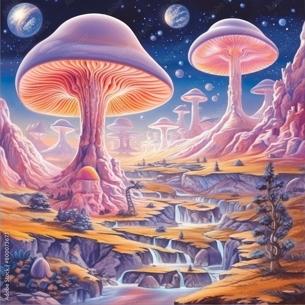Outer Space, Mushrooms growing on a distant planet with alien ...