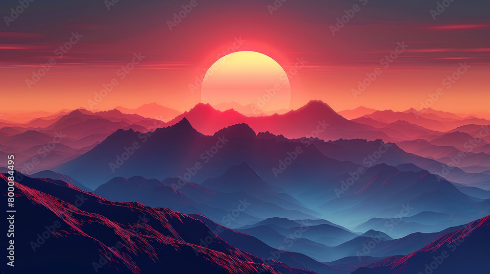Breathtaking view of a mountain range at sunset with a vibrant red sky ...
