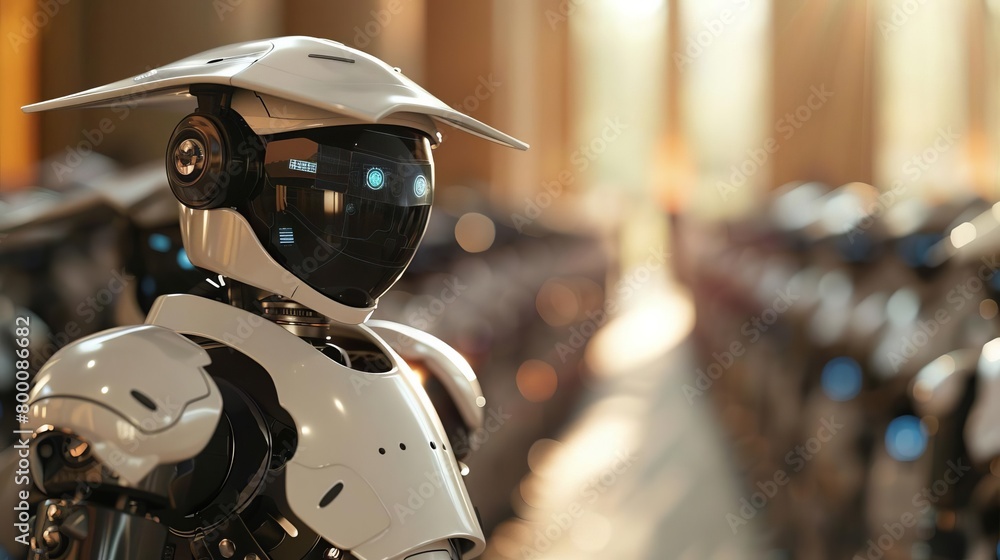 Robot giving a commencement speech to a group of graduating students ...