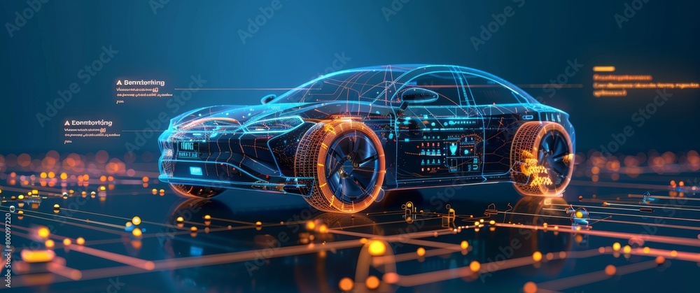 Futuristic electric sports car visualization with glowing connections ...