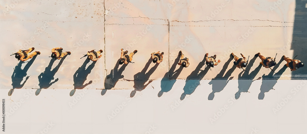 top aerial shot view of armed police wearing brown uniform standing in ...