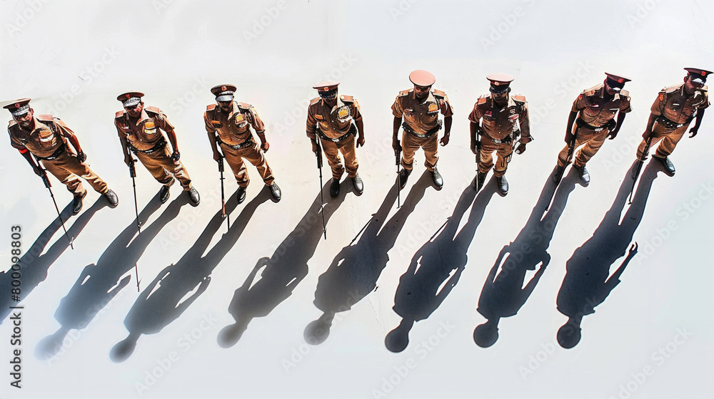 top aerial shot view of armed police wearing brown uniform standing in ...
