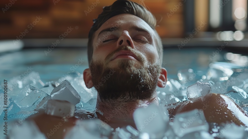 An image of a man ice bathing in chilly water with ice cubes around him ...