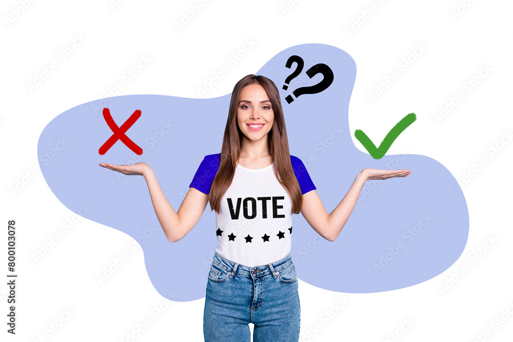 Composite photo collage of happy girl hold hands palm check mark cross ...