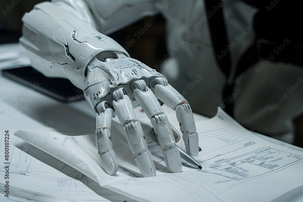 Robot hand working on blueprint at office. Artificial intelligence ...