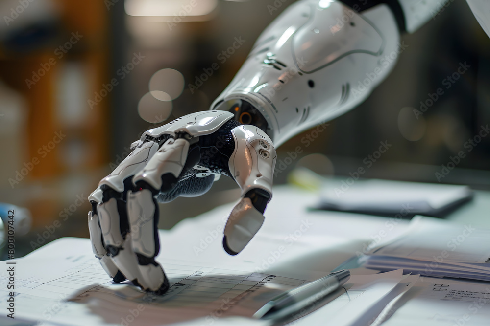 Robot hand working on blueprint at office. Artificial intelligence ...