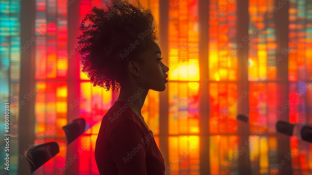 african american business woman standing over present monitor display ...