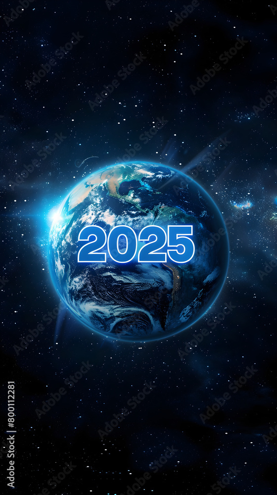 A blue and white poster of a planet with the number 2025 on it. The ...
