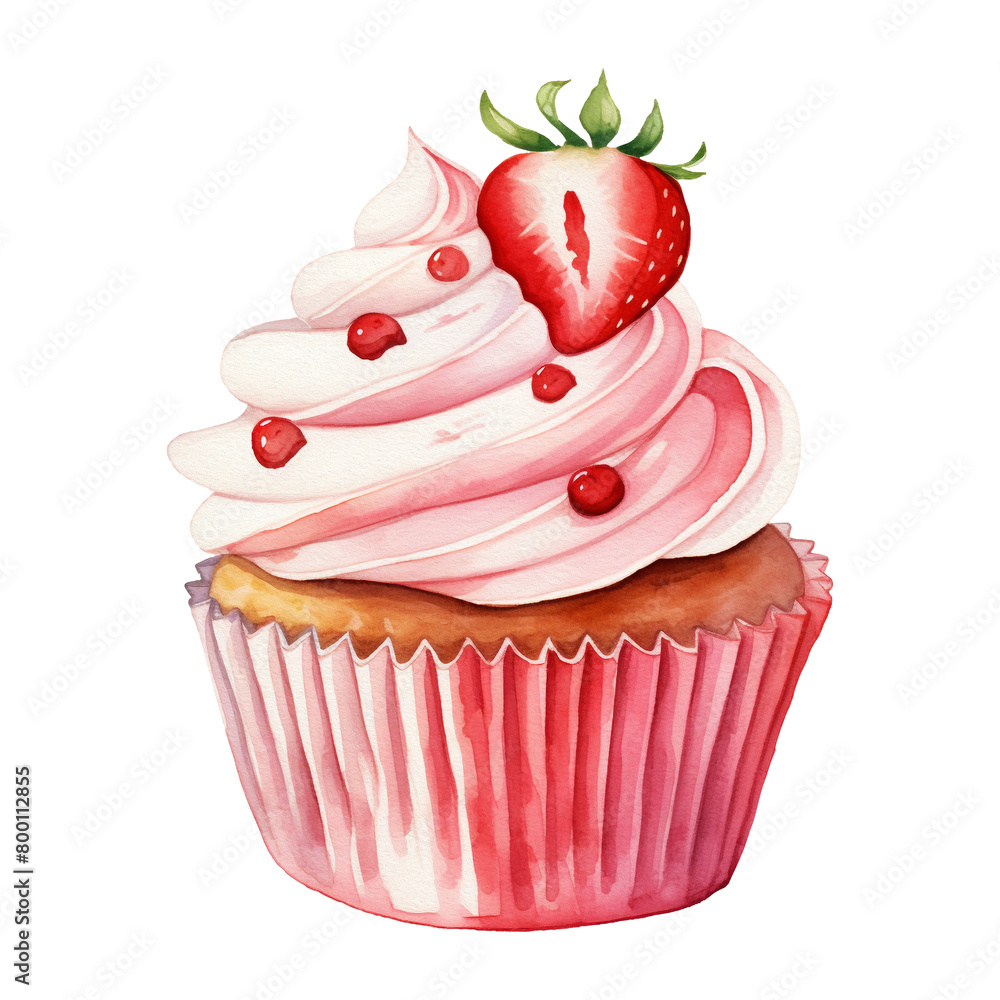 Watercolor illustration of a Strawberry cupcake clipart. Dessert ...