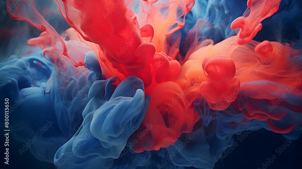Experience the dynamic interplay of acrylic blue and red hues merging ...