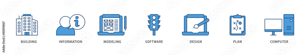 BIM icons set collection illustration of building, information ...
