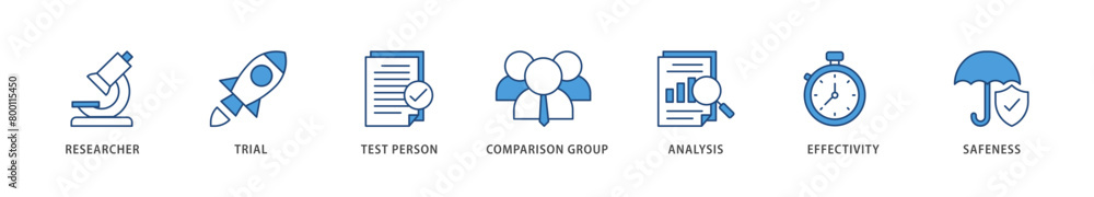 Clinical study icons set collection illustration of researcher, trial ...