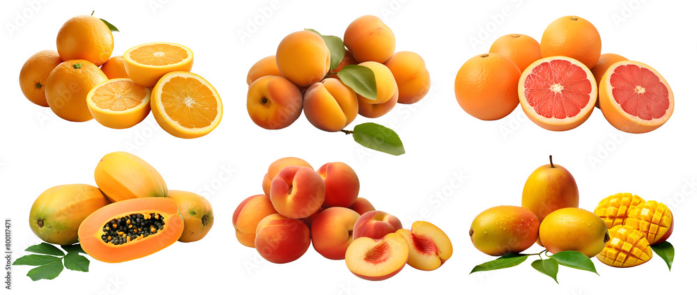 Collection of yellow orange fruits in pile group, oranges, apricot ...
