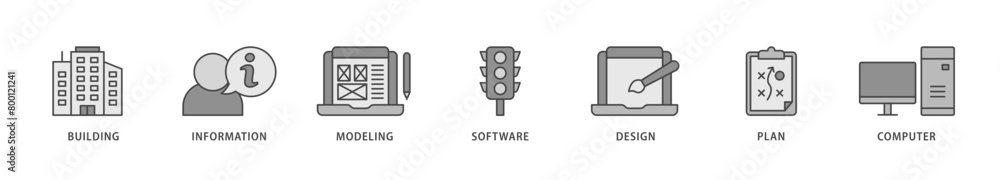 BIM icons set collection illustration of building, information ...