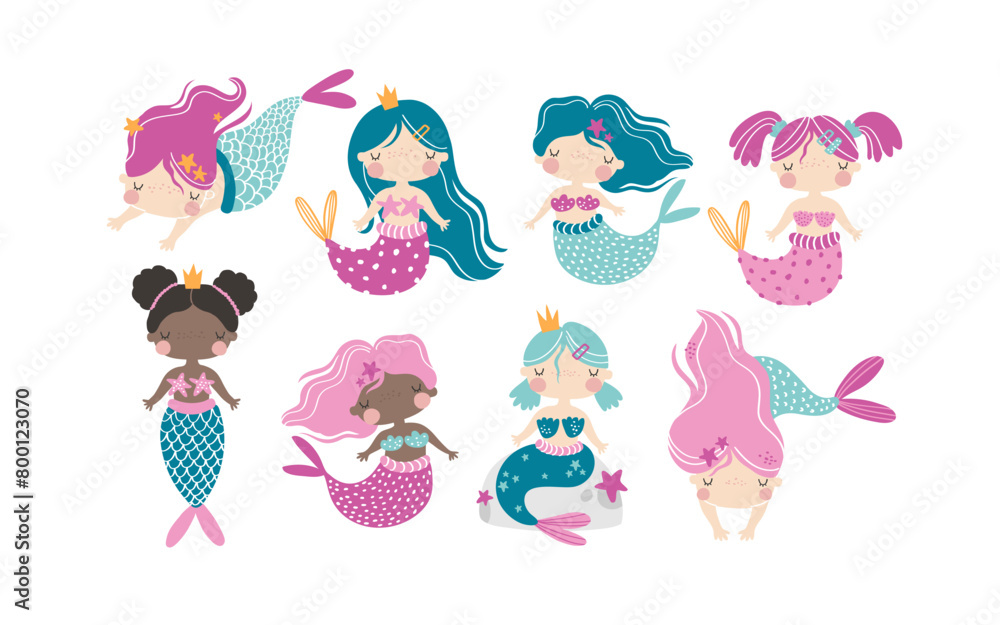 Vector set with cute little mermaids. Hand drawn illustration with ...