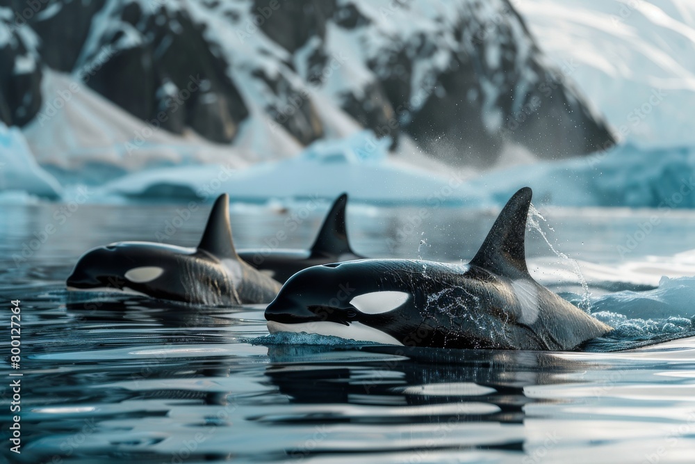 orca pod swimming in the cold blue waters of the Arctic.KILLER WHALE ...
