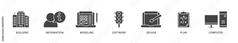 BIM icons set collection illustration of building, information ...