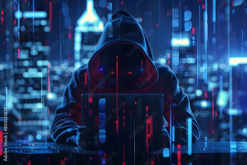 An illustration of a hacker working on a laptop in a dark room, with a ...