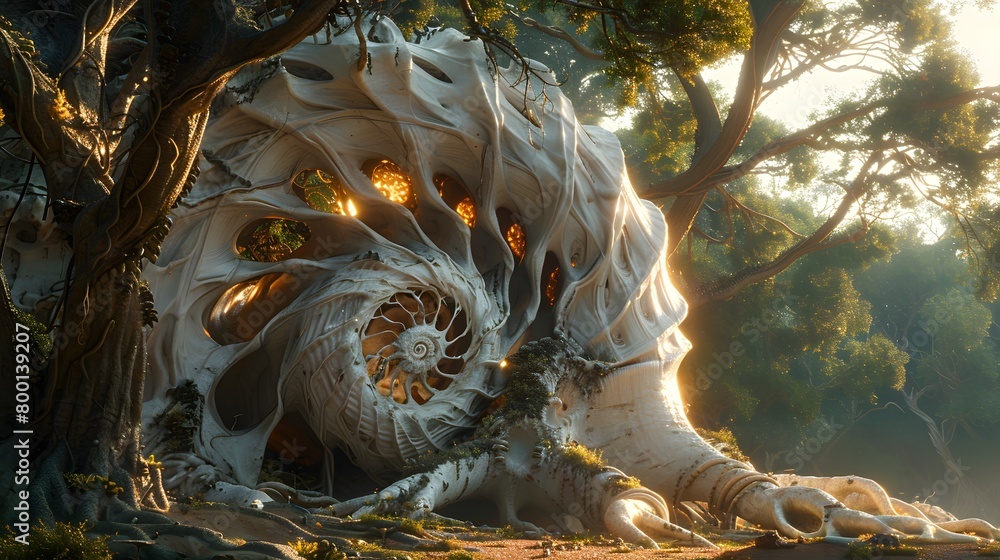 A surreal scene of a giant seashell emerging from the earth, its ...