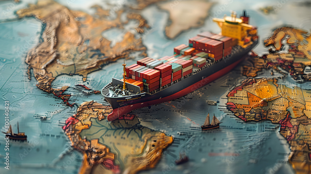 Container ship model on world map, transcontinental transportation or ...