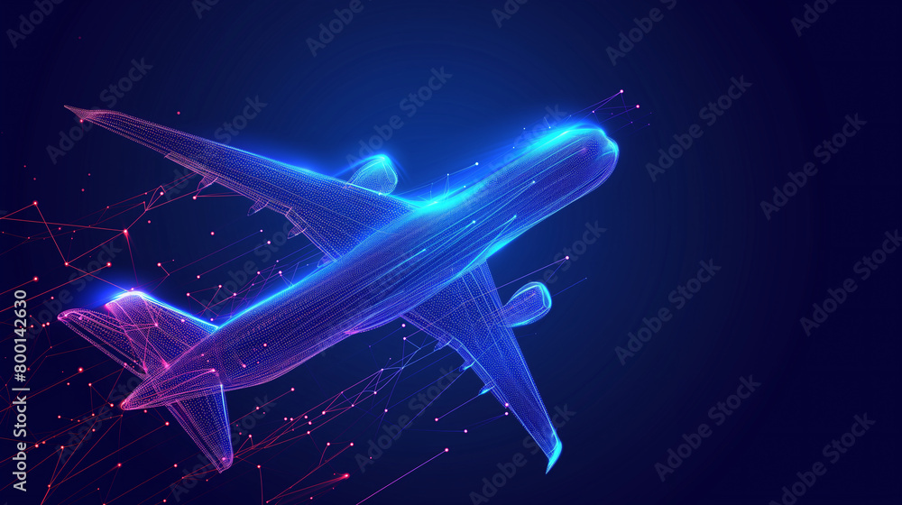 3d Digital neon futuristic airplane. Future aviation, modern technology ...