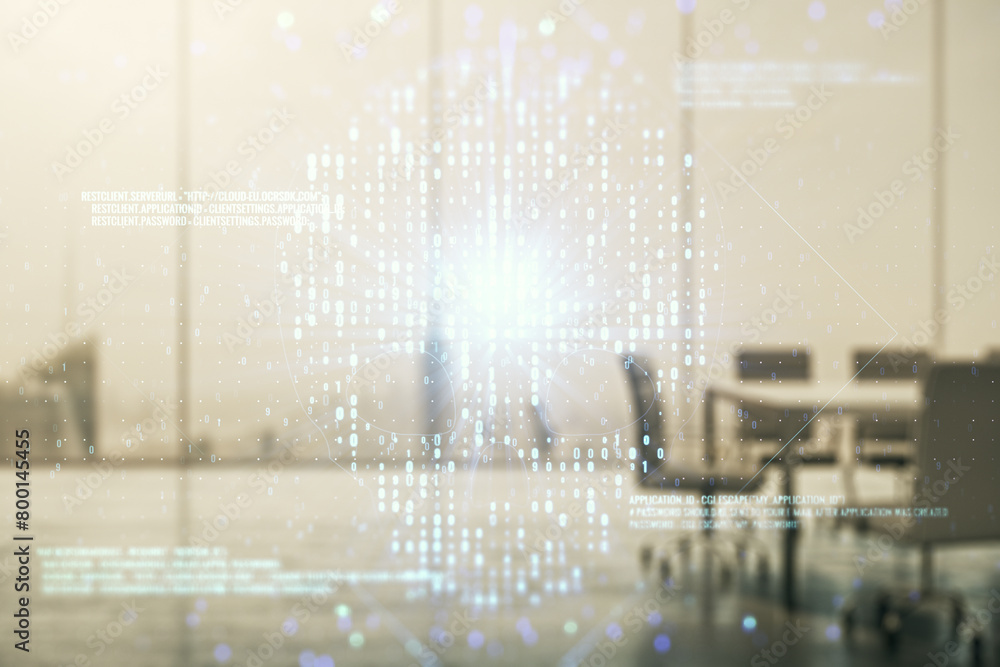 Abstract virtual code skull hologram on a modern coworking room background, cybercrime and ...