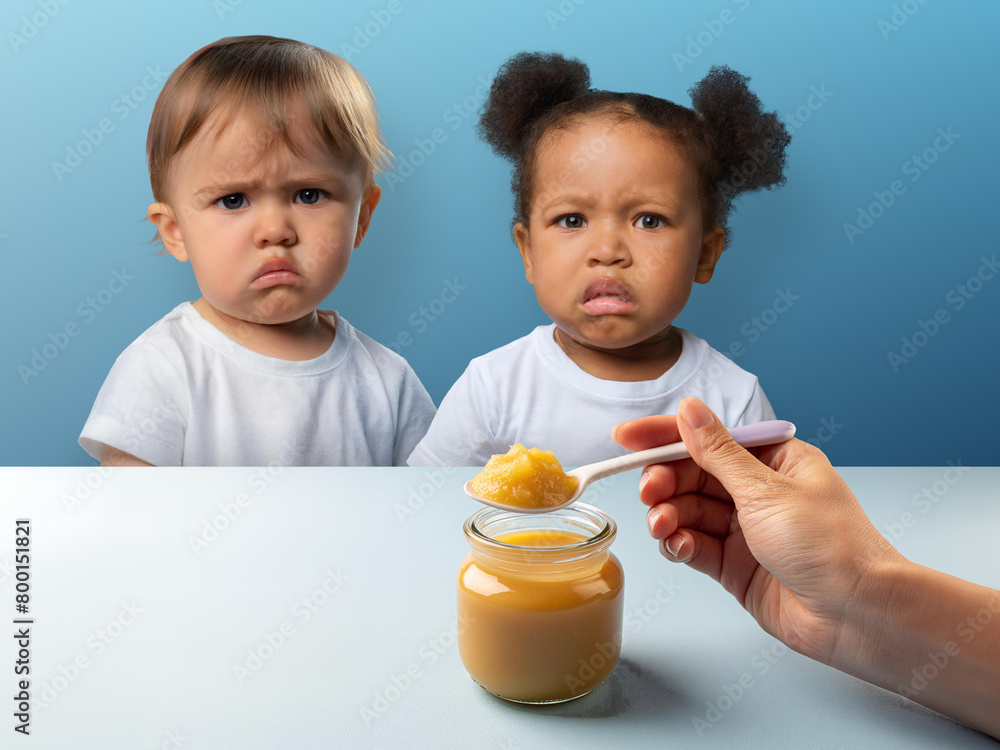 Two unhappy picky babies who don't like the food being offered to them ...