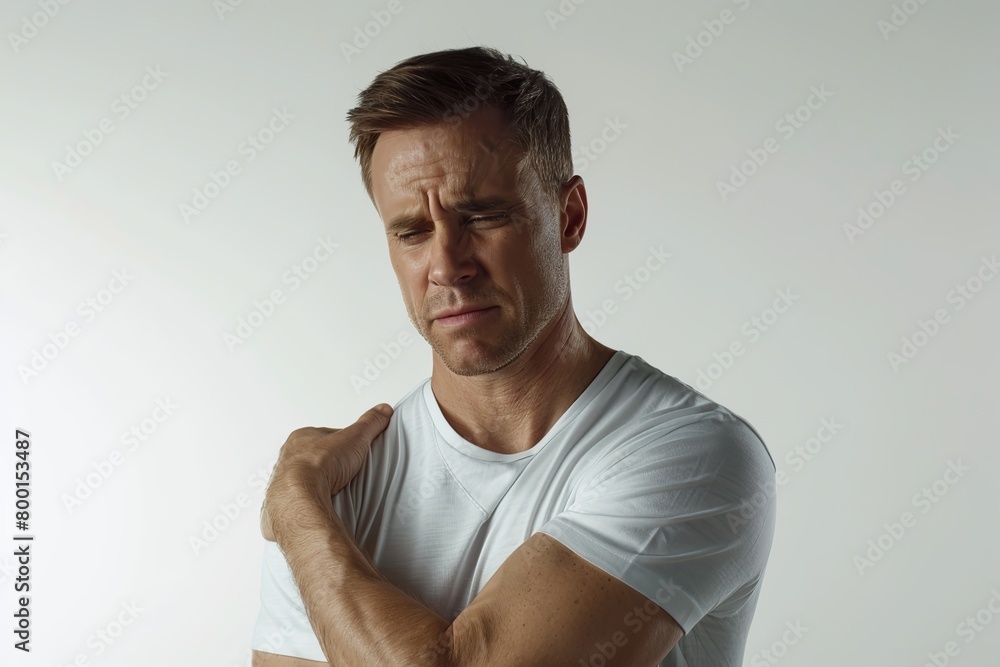 Mature man with pain in shoulder upper arm. Human body health problem ...