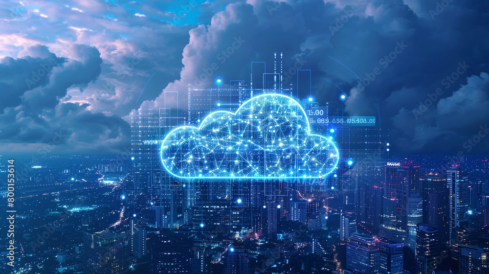 city skyline with data streams flowing into a centralized cloud computing platform symbolizing ...