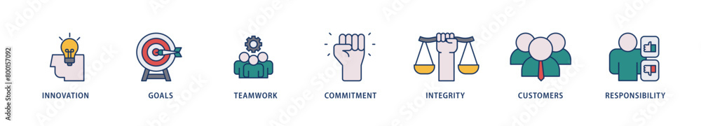 Core values icons set collection illustration of innovation, goals ...