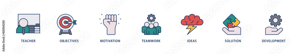 Workshop icons set collection illustration of teacher, objectives ...