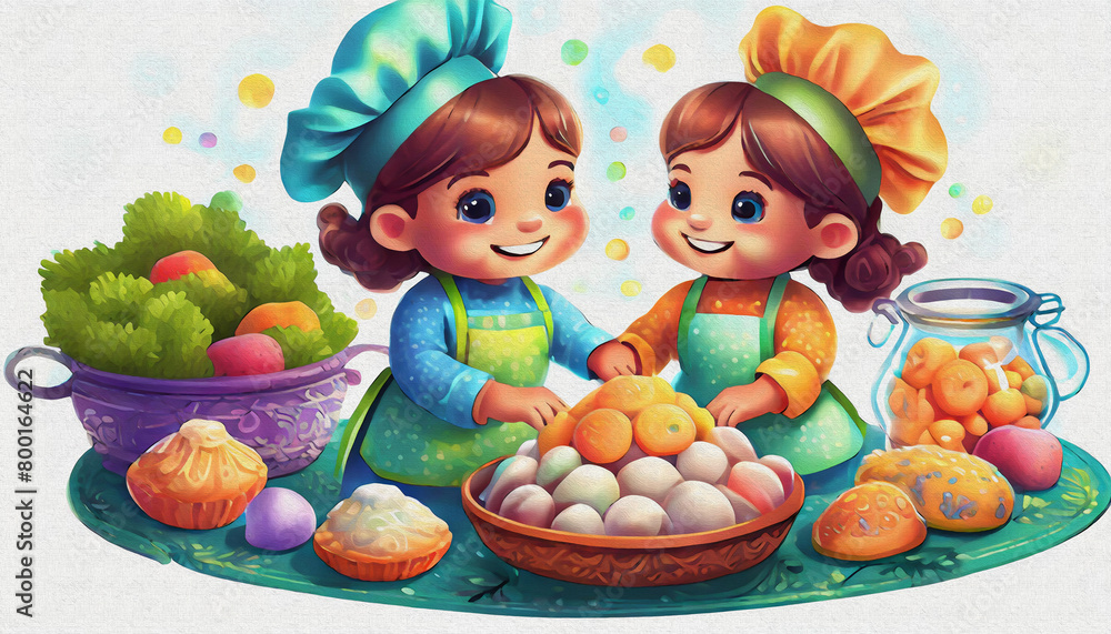 oil painting style CARTOON CHARACTER CUTE baby Little Bakers Enjoying ...