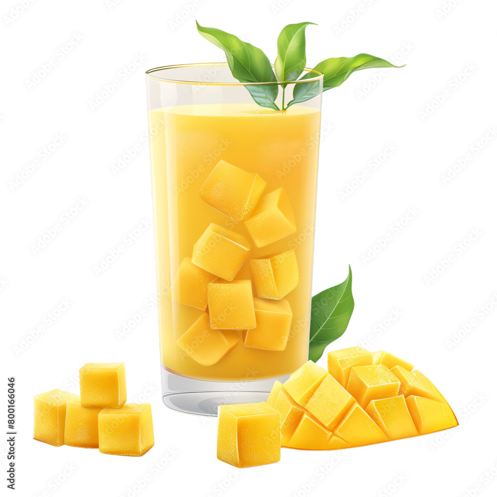 mango juice with ripe mango cubes illustration isolated on a ...