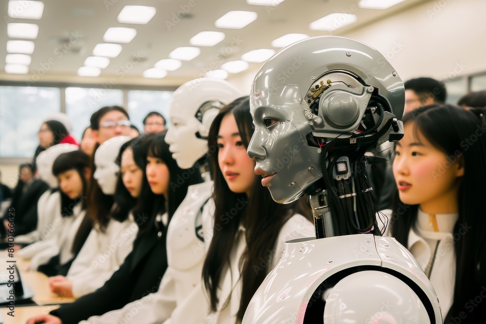 An advanced humanoid robot learning alongside students in a university ...