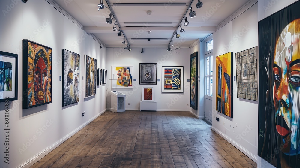 A vibrant art gallery showcasing contemporary works against white walls ...