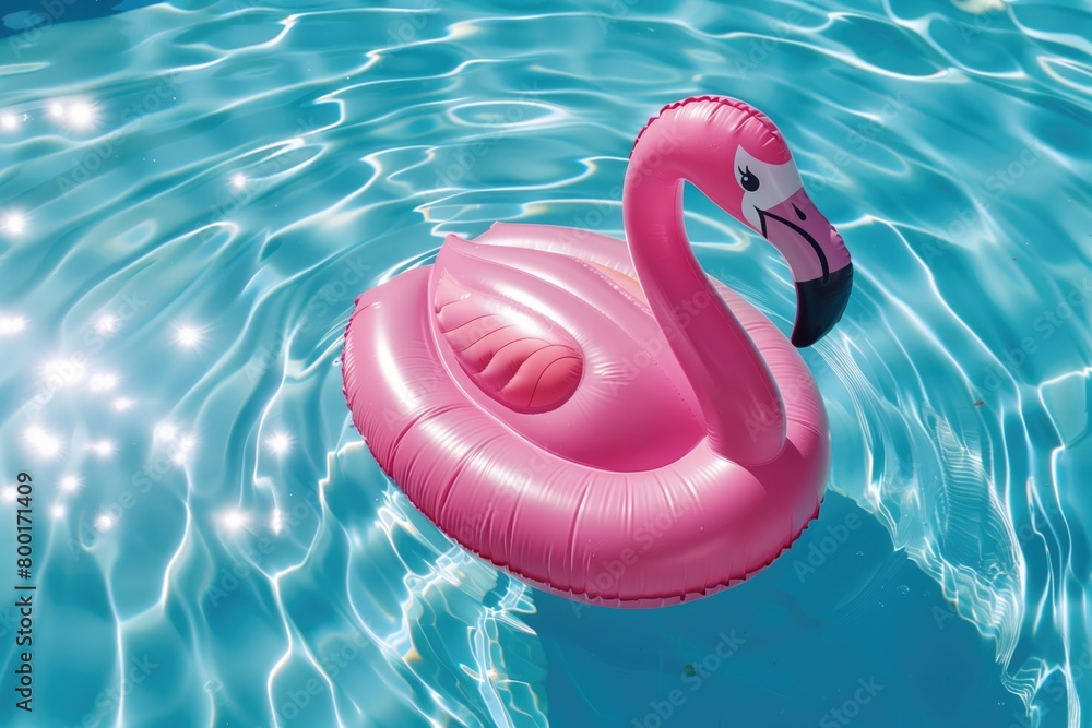 inflatable pink flamingo lilo in swimming pool with rippling water ...