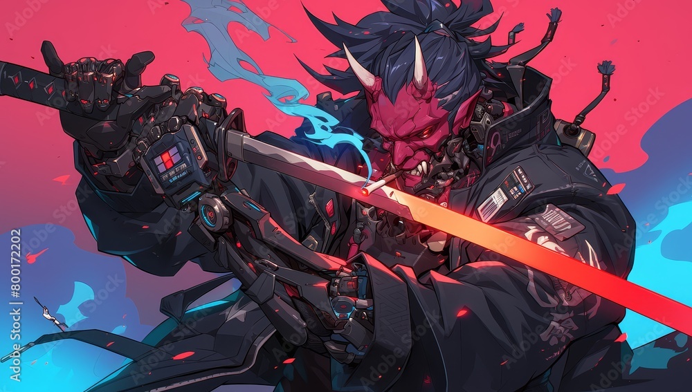 Samurai oni with red horns and dark blue hair wearing black Japanese ...