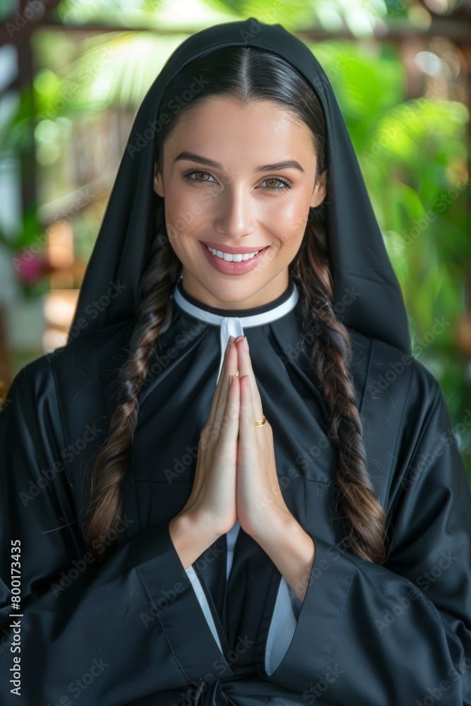 Devoted caucasian nun in black attire praying earnestly inside the ...