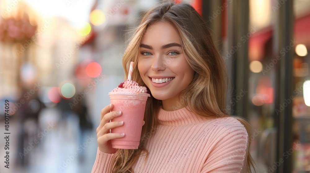 Beautiful smiling woman drinking a pink milkshake with whipped cream ...