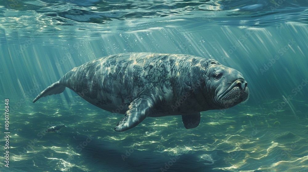 Realistic panoramic illustration of a Stellers sea cow, relaxing amidst ...