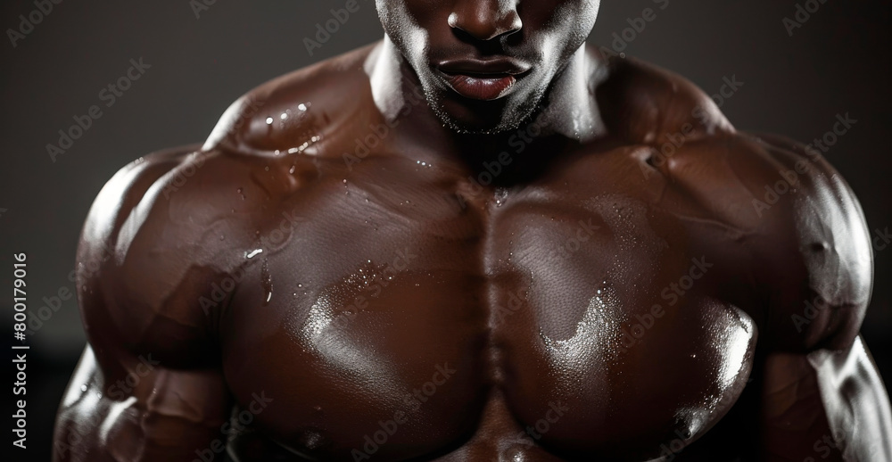 A bodybuilder, bare-chested and glistening with sweat, strikes a ...