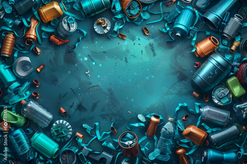 Pile of various plastic trash on blue background. Studio shot with copy ...