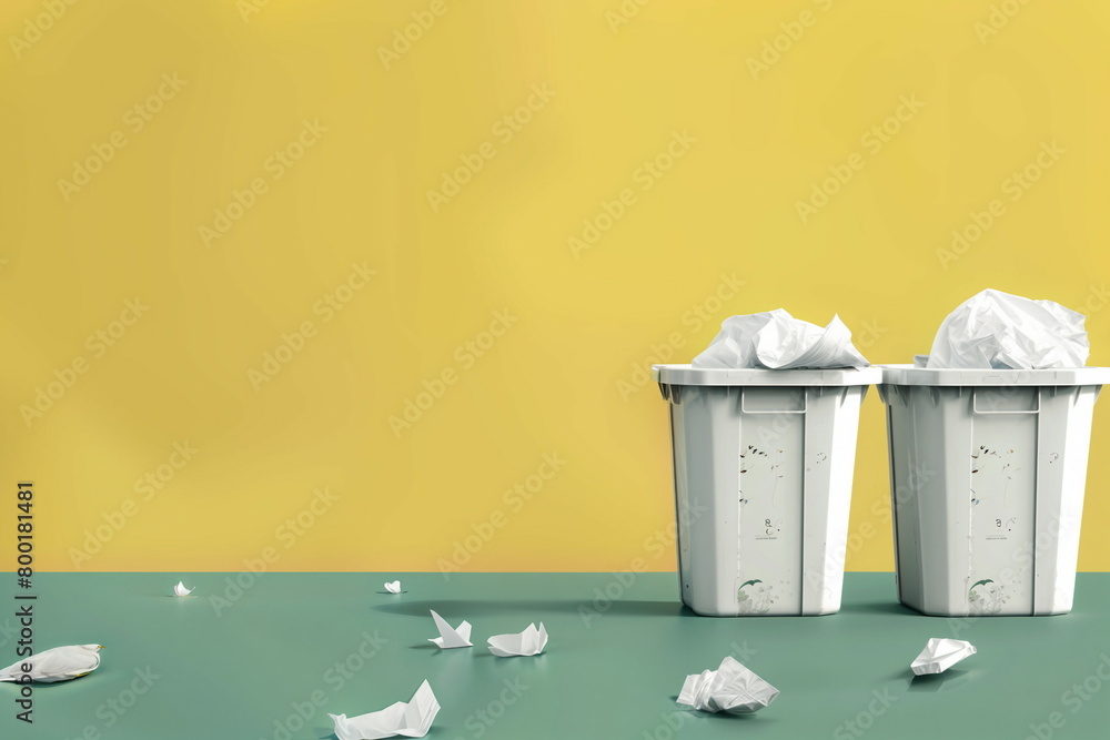 Trash bins with crumpled paper scattered on floor against yellow and ...