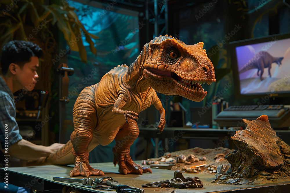 In a film studio - an animator brings a cartoon dinosaur to life using ...