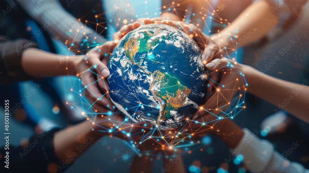 A group of diverse people holding hands around a globe, data streams ...